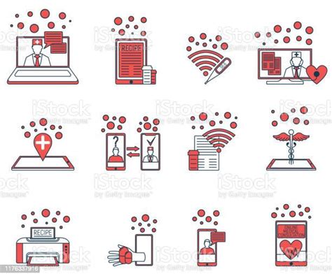 의료 아이콘의 집합입니다 헬스케어 의학 및 라이프 스타일에 대한 개념 개요 가상 의사 의료 기호 아이콘 및 배지입니다 간단한 벡터 일러스트레이션 가상현실에 대한 스톡 벡터