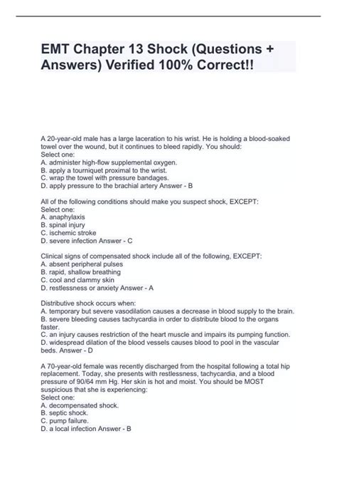 Emt Chapter 13 Shock Questions Answers Verified 100 Correct Emt Stuvia Uk