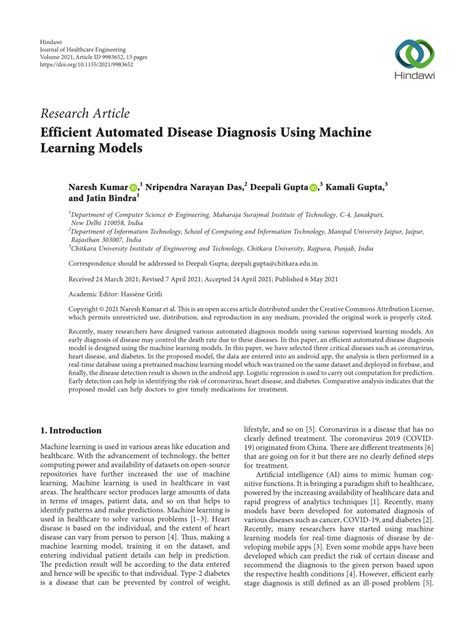 Pdf Efficient Automated Disease Diagnosis Using Machine Learning Models