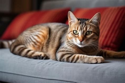 Premium AI Image | Beautiful domestic cat lies on the sofa