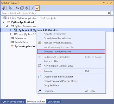 Управление зависимостями пакетов Python Visual Studio Windows