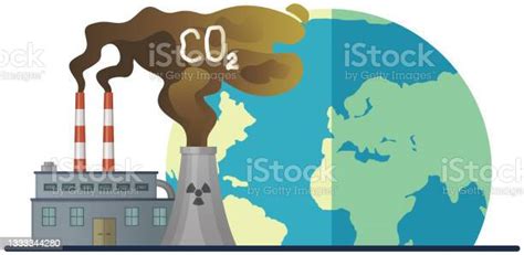 방사성 폐기물로 오염된 행성 연기로 공기와 대기를 오염시하는 제조 공장 산업 건물에 대한 스톡 벡터 아트 및 기타 이미지