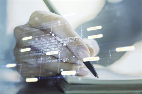 Premium Photo Multi Exposure Of Abstract Software Development Hologram And Man Hand Writing In