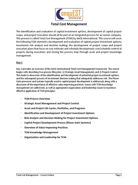 Total Cost Management Course Outline Download Free Pdf Project