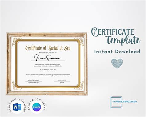 Editable Certificate Of Burial Template Award Template Printable