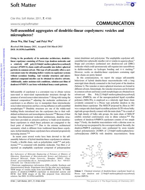 Pdf Self Assembled Aggregates Of Dendritic Linear Copolymers Vesicles And Microspheres