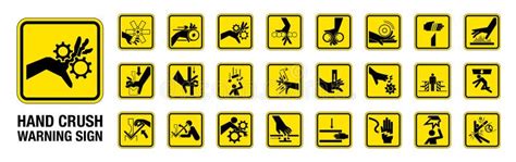 Set Of 24 Isolated Hand Crush Force Hazardous Symbols On Yellow Round