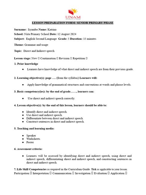 Lesson Preparation Form Senior Primary 1 Pdf Learning Speech