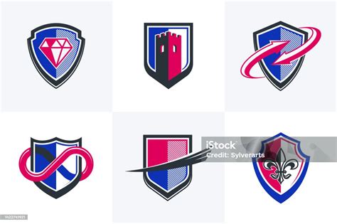 클래식 쉴드 모양은 다양한 추가 요소 벡터 기호 세트 방어 및 안전 아이콘 탄약 엠블럼 컬렉션으로 설정됩니다 무한에 대한 스톡