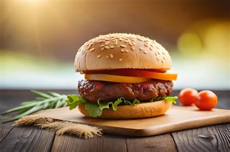 Premium Photo A Hamburger With Cheese And Vegetables On A Wooden Table
