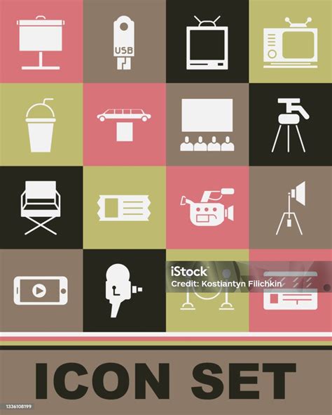 세트 영화 클래퍼 스포트라이트 삼각대 복고풍 Tv 리무진 자동차와 카펫 빨대 프로젝션 스크린과 영화 강당 아이콘 종이 유리 벡터 3차원 형태에 대한 스톡 벡터 아트 및 기타