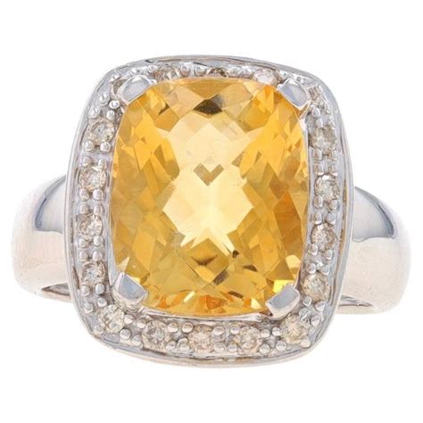 White Gold Citrine And Diamond Halo Ring 14k Rect Cushion