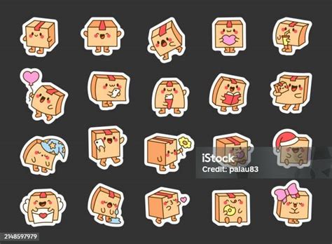 재미있는 얼굴이 있는 귀여운 Kawaii 배달 상자 스티커 책갈피 행복한 소포 만화 캐릭터입니다 손으로 그린 스타일입니다 벡터