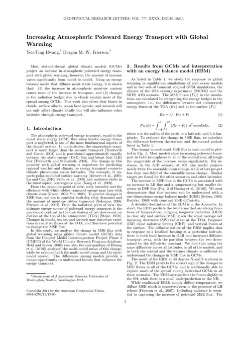 Pdf Increasing Atmospheric Poleward Energy Transport With Global Warming