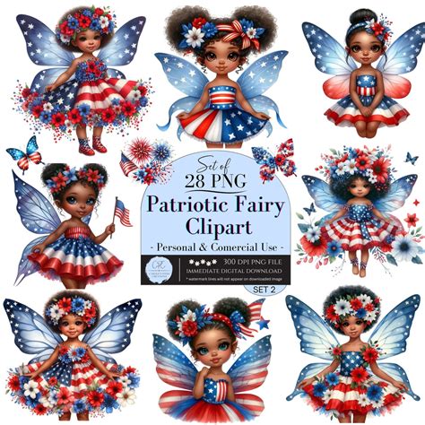 African American Patriotic Watercolor Fairy Clipart July 4th Fairies