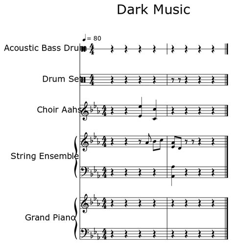 Dark Music Sheet Music For Acoustic Bass Drum Drum Set Choir Tenor String Ensemble Piano