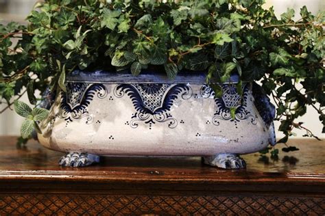 Midcentury Italian Blue And White Hand Painted Faience Jardinière For