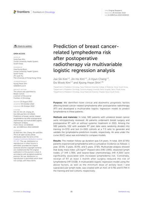 Pdf Prediction Of Breast Cancer Related Lymphedema Risk After