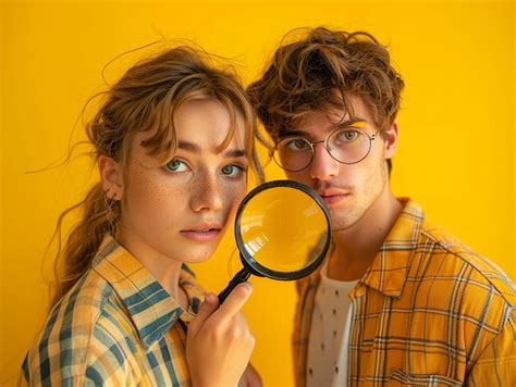 A Woman And A Man Are Looking At A Magnifying Glass Premium Ai