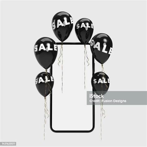 온라인 3d 렌더링 쇼핑 비즈니스 개념 및 스마트 폰을 이용한 디지털 온라인 마케팅 백그라운드에서 검은 풍선 판매 화면에 클리핑 경로가 있는 모형 템플릿 블랙프라이데이에