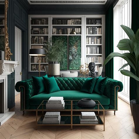 책장과 녹색 소파 인테리어 배경 디자인을 갖춘 현대적인 고급 거실 프리미엄 사진