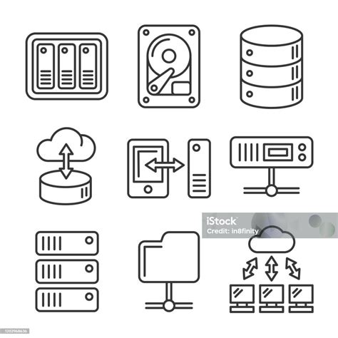 네트워킹 파일 공유 및 Nas 서버 아이콘 세트 선 스타일 벡터 네트워크 서버에 대한 스톡 벡터 아트 및 기타 이미지