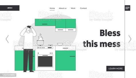 불행 한 요리 경험 웹사이트 방문 페이지 겁에 질린 남자가 팬에 불타는 불을 들고 오븐에 서 있다 주말 집안일 하우스 키핑 프로세스 웹 페이지 배너입니다 만화 플랫 벡터