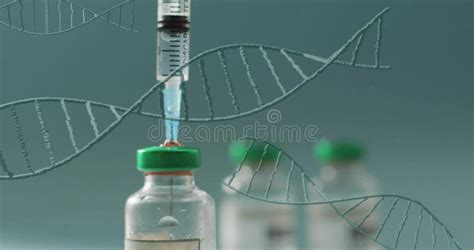 Syringe Drawing Liquid From Vial With Dna Strands Animation Over Medical Background Stock Video