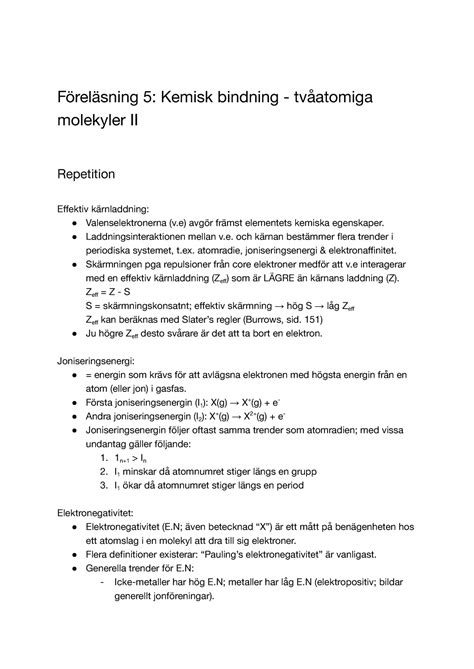 Kz2012 F5 Kemisk Bindning Tvåatomiga Molekyler Ii Föreläsning 5 Kemisk Bindning