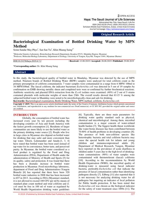 Pdf Bacteriological Examination Of Bottled Drinking Water By Mpn Method