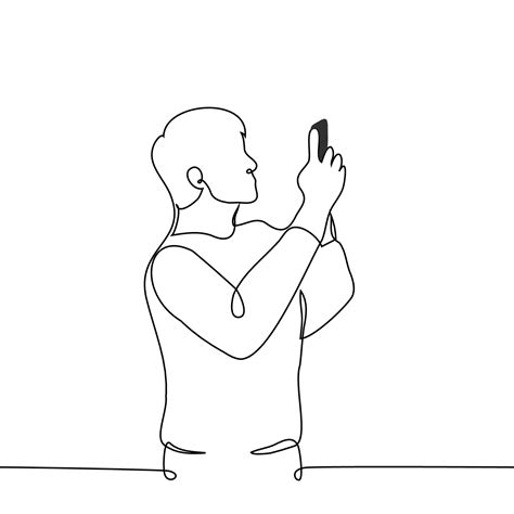 Man Stands And Photographs Something With His Phone One Line Drawing