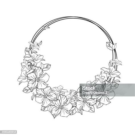 재스민 서클 화환 라인 아트 꽃과 나뭇잎 카드 또는 일러스트레이션 색칠 공부 페이지를 위한 꽃 프레임 벡터 배경 재스민에 대한