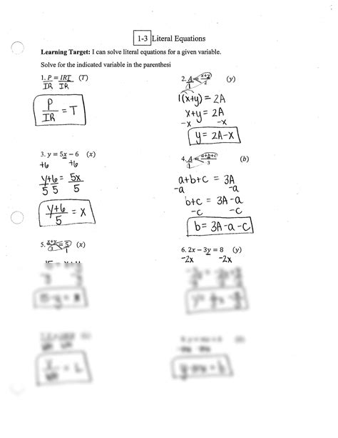 Literal Equation Worksheet
