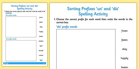 Editable Un And Dis Prefix Sorting Activity Twinkl