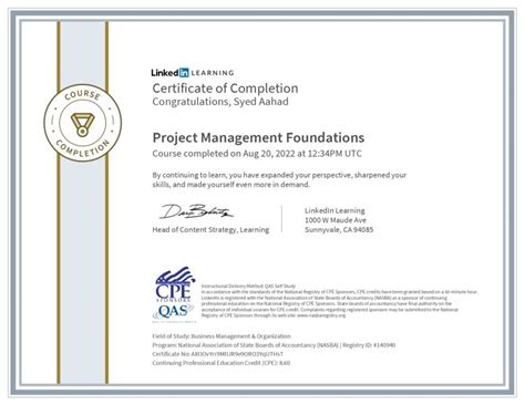 Achievement Certified Project Management Foundations By Linkedin