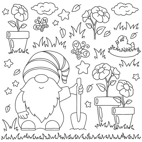 삽과 꽃이 있는 정원 그놈 아이들을 위한 색칠하기 책 페이지 만화 스타일 캐릭터 프리미엄 벡터