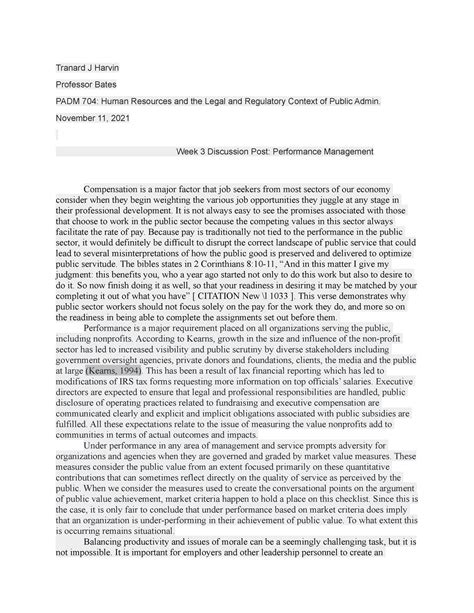 Week 3 Discussion Post Tranard J Harvin Professor Bates Padm 704 Human Resources And The