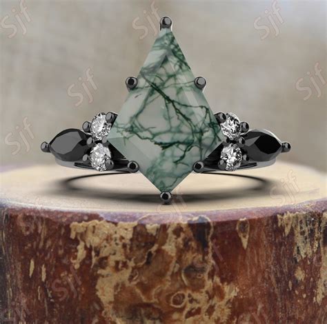 12x8 Kite Shape Moss Agate Black Gold Ring Vintage Art Deco Solitaire