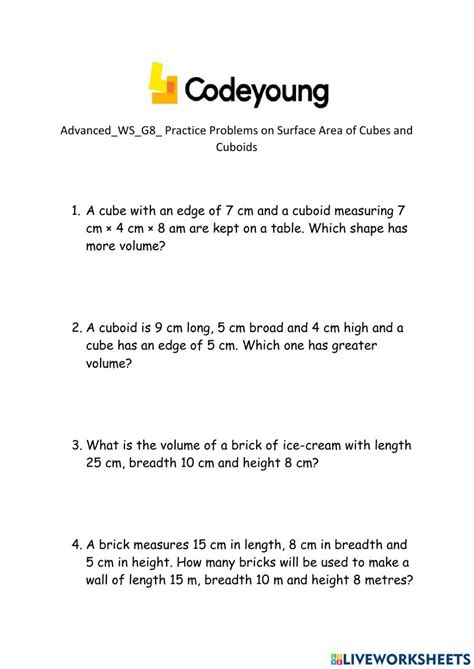 Advanced Ws G8 Practice Problems On Surface Area Of Cubes And