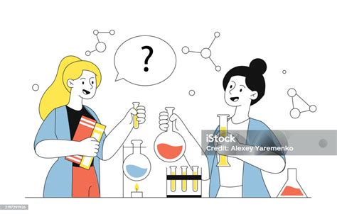 실험실에서 화학 실험 시약이 든 플라스크가 있는 의료 유니폼을 입은 여성 물질 및 시약의 과학 및 화학 연구 선형 벡터 그림 검사 보기에 대한 스톡 벡터 아트 및 기타