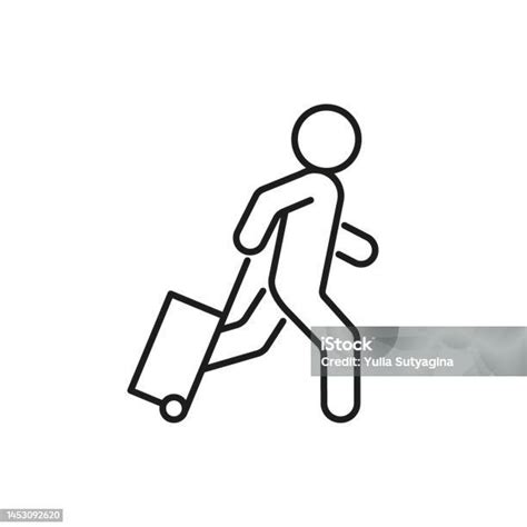 관광객은 여행 가방 난민 선 아이콘과 함께 여행하기 위해 달린다 휴가 가방으로 여행 벡터 윤곽선 기호 달리기에 대한 스톡 벡터 아트 및 기타 이미지 Istock