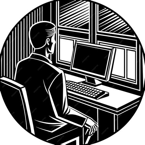 Premium Vector A Man Sits At A Desk In Front Of A Computer Monitor