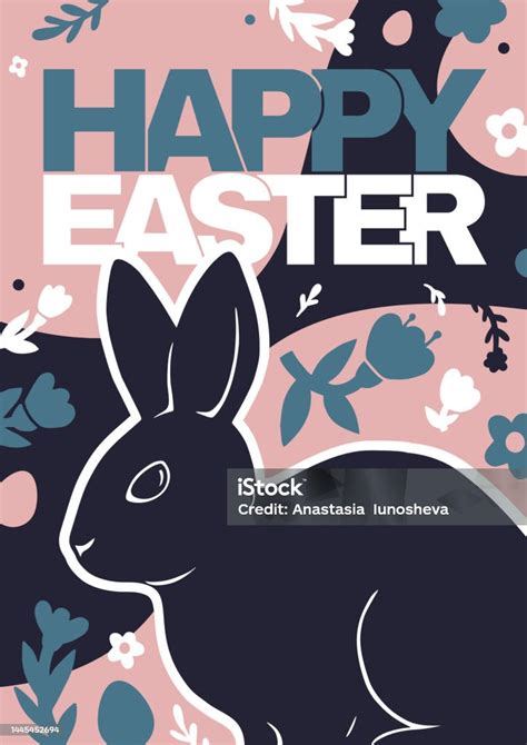 토끼 꽃 달걀이 있는 행복한 부활절 카드 벡터 현대 밝은 그림입니다 계절에 대한 스톡 벡터 아트 및 기타 이미지 계절 공휴일 귀여운 Istock