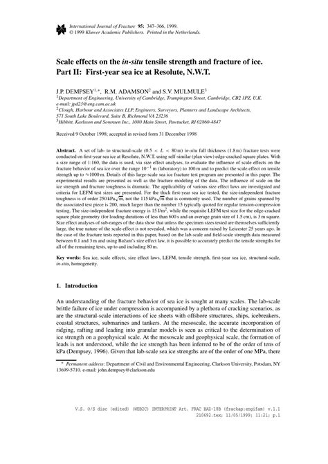 Pdf Scale Effects On The In Situ Tensile Strength And Fracture Of Ice