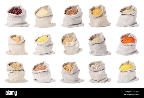 Different Cereal Grains And Beans In Sacks On White Background