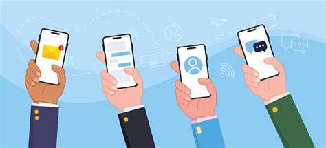 알림 메시지 개념 화면의 Sms 풍선 사람들 채팅 개념 전화를 들고 있는 사람들은 메시지를 받고 보냅니다 알림 받기 파란색 배경에 화려한 벡터 일러스트 레이 션 10 Eps