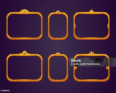 고립된 벡터 프레임의 집합입니다 금 또는 나무 프레임 템플릿입니다 게임 디자인 Ui 디자인 A4 프레임 둥근 모서리가 있는 조각된 프레임 보석 돌로 상감 모형 프레임 텍스트