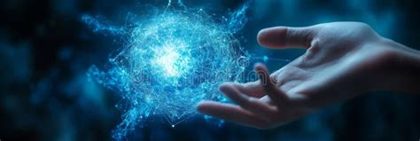 Global Network Strategy Hand Holding Glowing Blue Interconnected Orb On Dark Background Stock