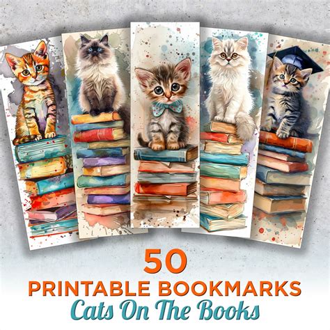 50 Cats On Books Printable Bookmarks Kitten Digital Bookmark Sheets