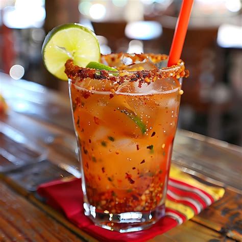 Closeup Of A Michelada A Mexican Beer Cocktail With Lime Chili And